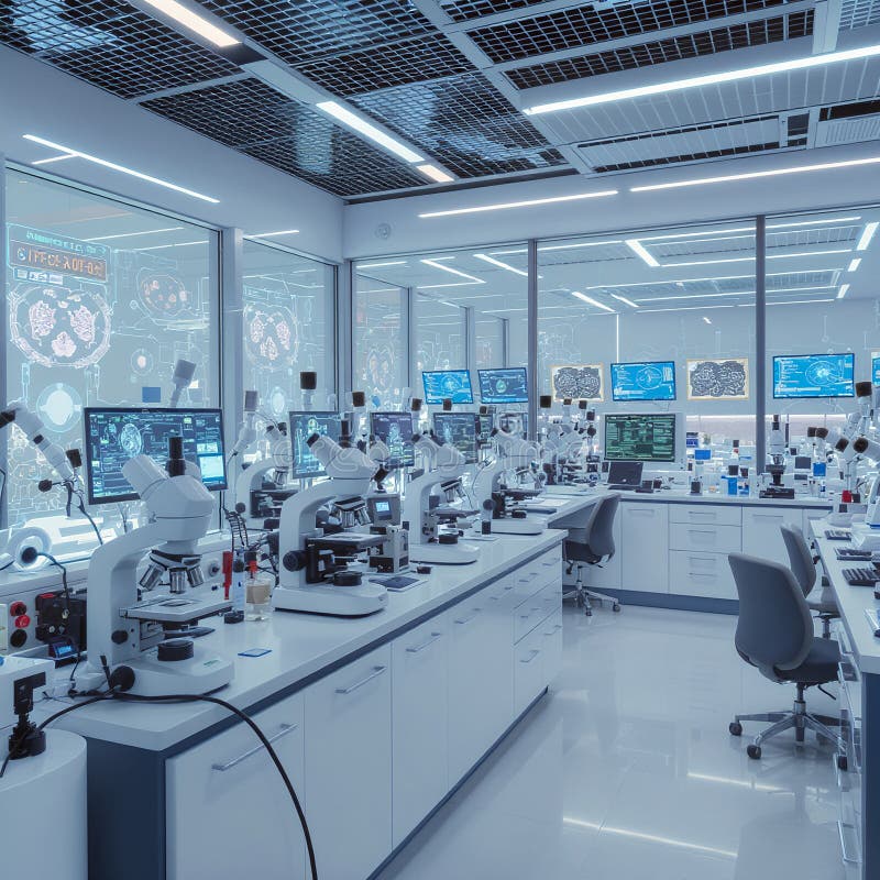 High-tech Biomedical Research Laboratory with Advanced Microscopes and AI-powered Analyzers ...