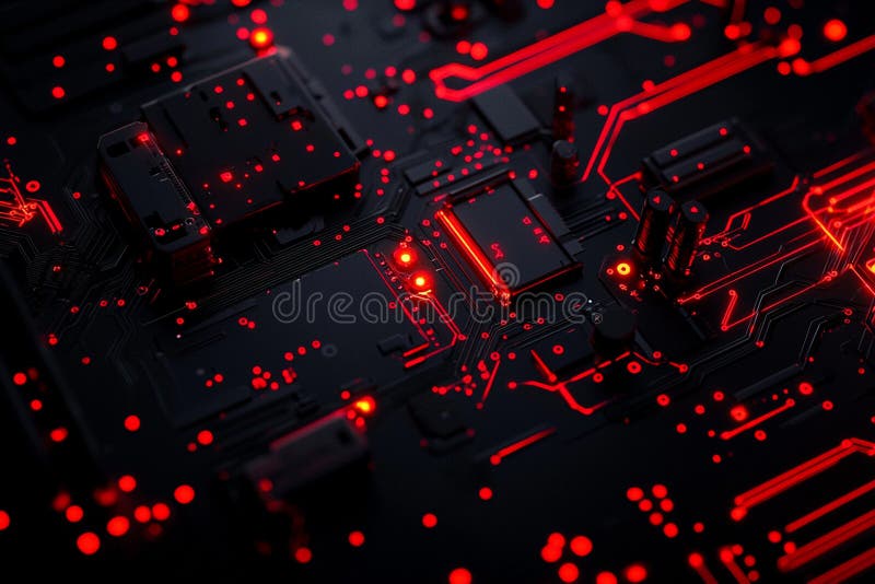 High Tech Black Circuit Board with Red Glowing Elements and Intricate ...