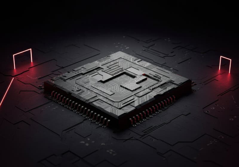 High-tech Black Microchip on a Dark Circuit Board with Glowing Red ...