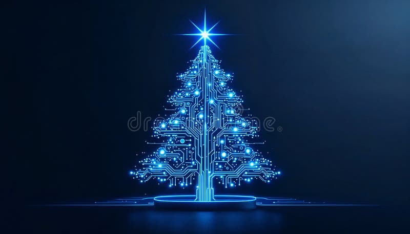 High-tech Blue Christmas Tree Illuminated with Circuits and Lights for ...