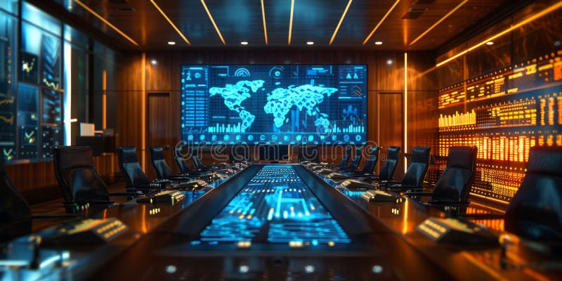 High-tech Boardroom with Digital Screens Displaying Global Data and ...