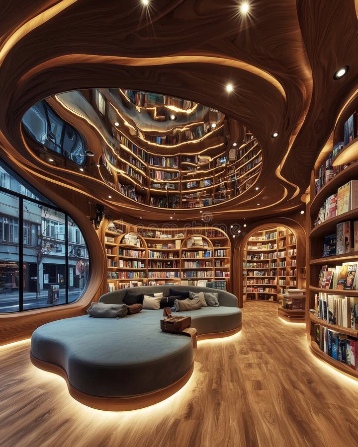 High-tech Bookstore Featuring Floating Shelves and Organic Design ...