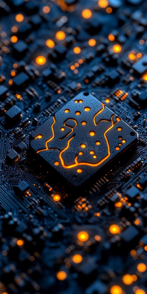 High-Tech Brain Chip on a Brightly Lit Next Generation Motherboard Circuit Board Design Stock ...