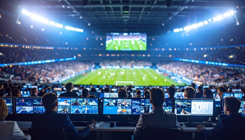 A High-tech Broadcast Control Room Team at Work during a Major Football ...