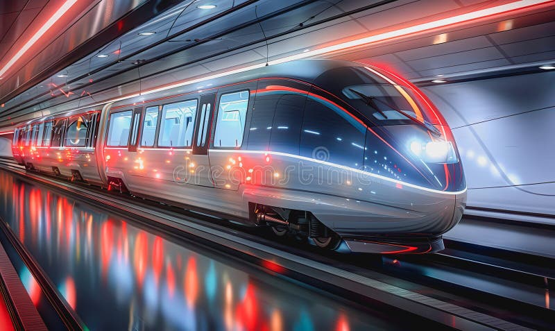 High-tech Bullet Train Speeding through Illuminated Tunnel, Sleek ...