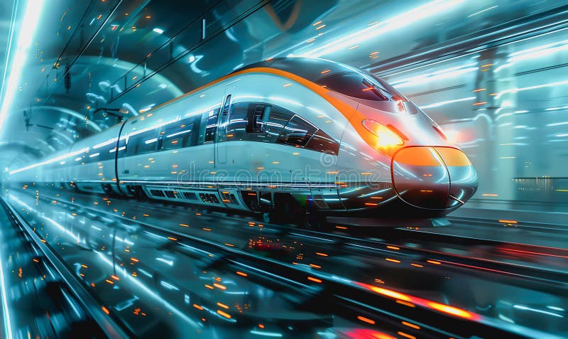 High-tech Bullet Train Speeding through Illuminated Tunnel, Sleek ...