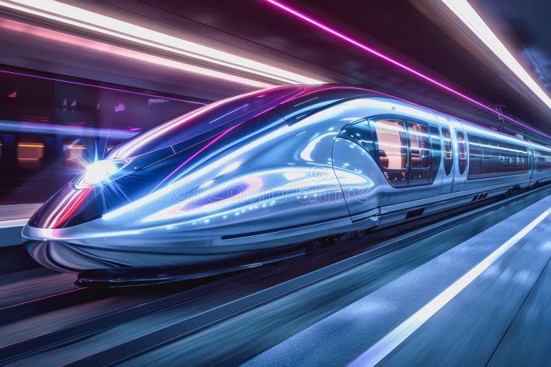 High-tech Bullet Train Speeding through Illuminated Tunnel, Sleek ...