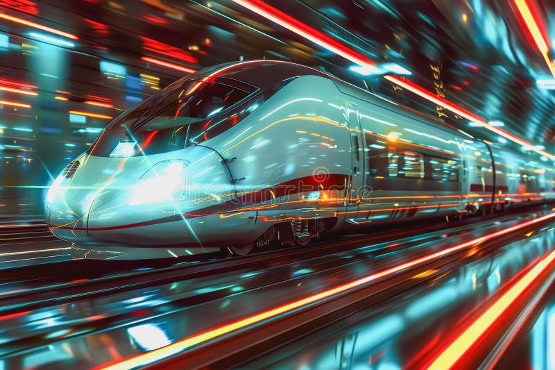 High-tech Bullet Train Speeding through Illuminated Tunnel, Sleek ...