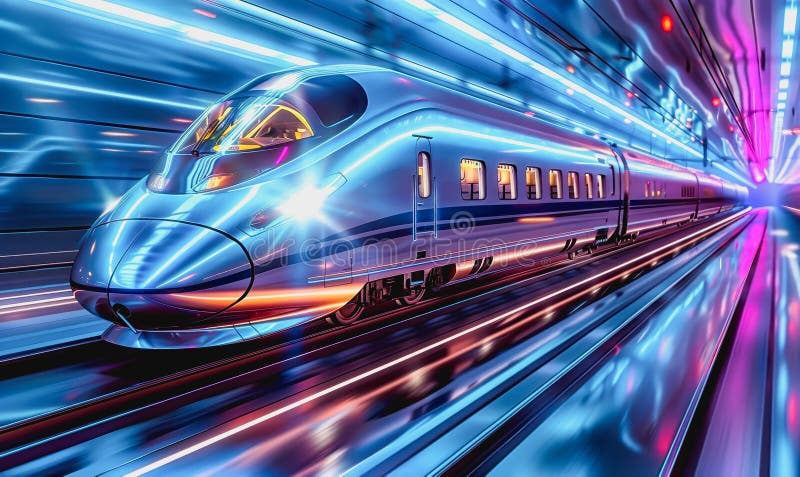 High-tech Bullet Train Speeding through Illuminated Tunnel, Sleek ...