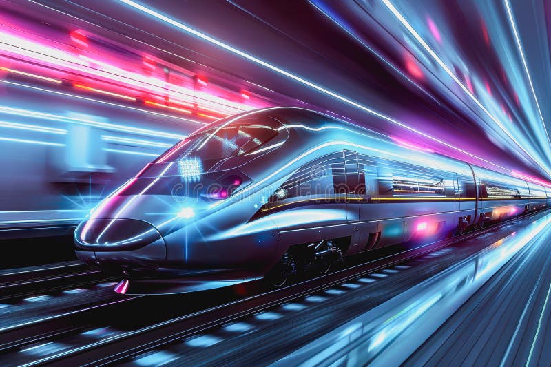 High-tech Bullet Train Speeding through Illuminated Tunnel, Sleek ...