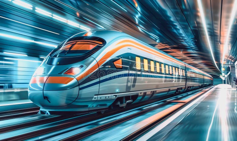 High-tech Bullet Train Speeding through Illuminated Tunnel, Sleek ...