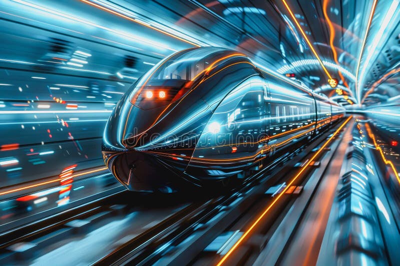 High-tech Bullet Train Speeding through Illuminated Tunnel, Sleek ...