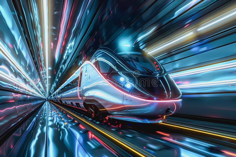 High-tech Bullet Train Speeding through Illuminated Tunnel, Sleek ...