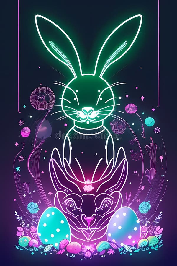 A High-tech Bunny Silhouettes, in a Cyberpunk, with Glowing Neon Eggs ...