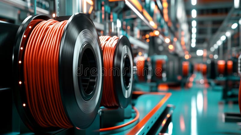 High-Tech Cable Making: Large Spools of Orange Wire in Factory ...