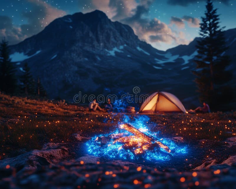 High-Tech Camping Scene Featuring a Futuristic Holographic Campfire and ...