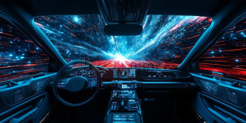 High-Tech Car Dashboard with Hyperspace Light Trails Stock Photo ...