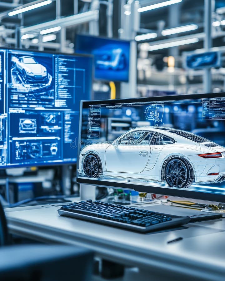 High-tech Car Design Setup Showing 3D Models and Blueprints on Monitors ...