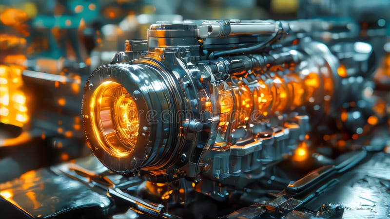A High-tech Car Engine with Glowing Orange Elements, Detailed ...