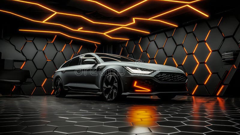 High-Tech Car Garage with Eye-Catching Hexagon Lighting for a Modern ...