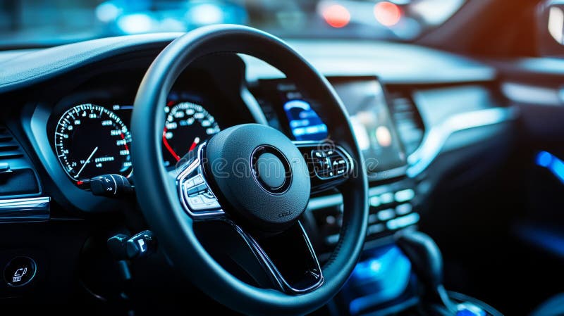 High-Tech Car Interior with Modern Dashboard and Steering Wheel Stock ...