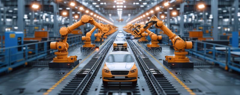 Modern Car Factory with Robotic Arms on Assembly Line Producing ...