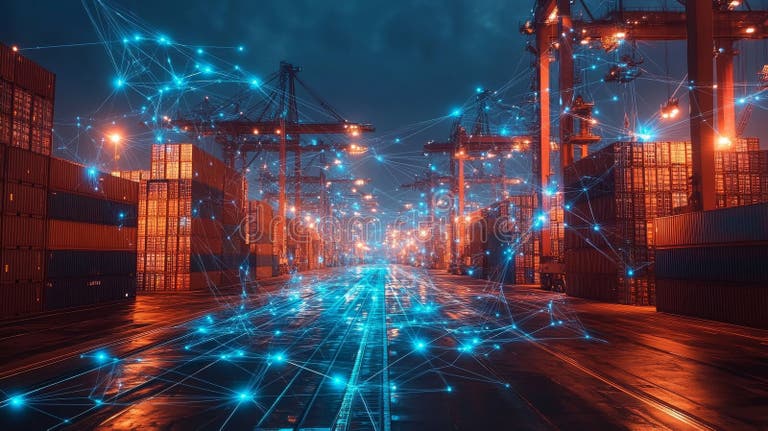 High Tech Cargo Container in Digital Port Environment with Blue Glowing ...
