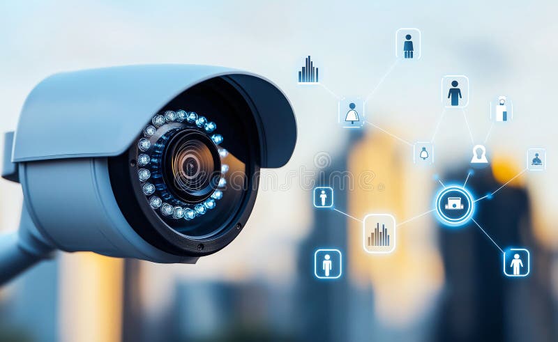 High Tech CCTV Camera with Digital Security Icons Showcasing ...
