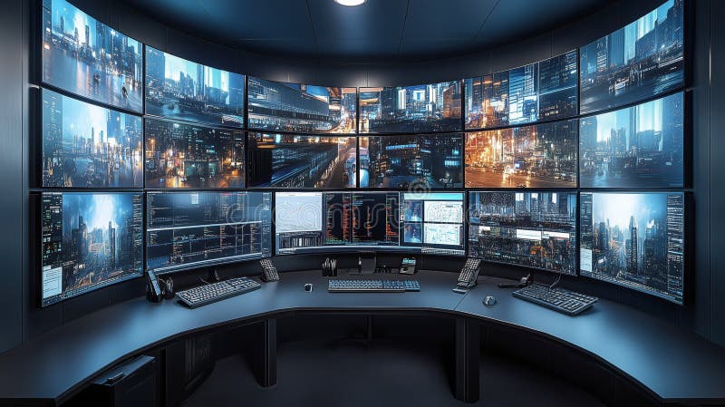 High-tech CCTV Control Room with Multiple Screens Displaying Urban ...