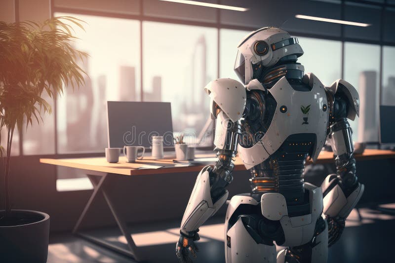 High-tech Chatbot Robot in Futuristic Office, Solving Problems and ...