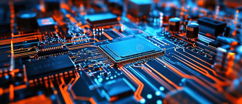A High-tech Chip on a Blue Circuit Board with Glowing Elements for ...