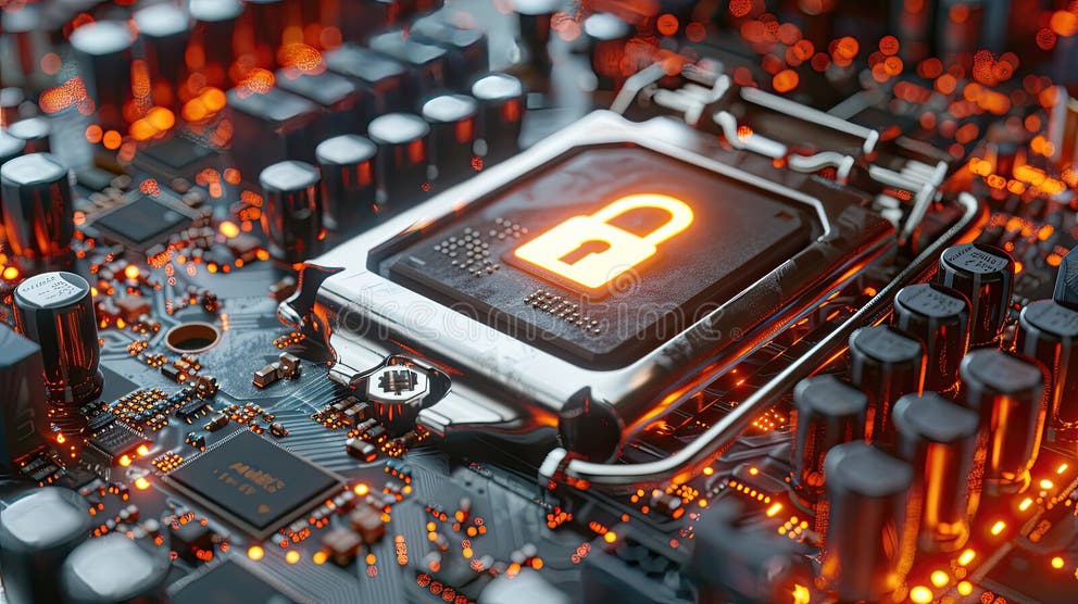 A High-tech Chip with a Glowing Security Lock Icon. Stock Photo - Image ...