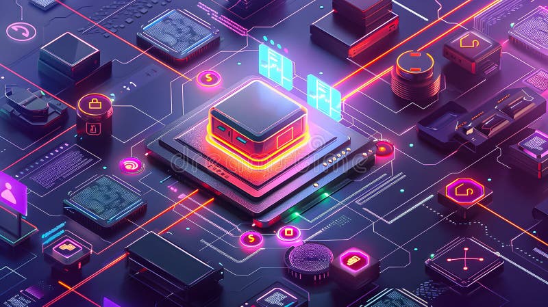 High-tech Chip with Neon Colors in a Futuristic Circuit Layout ...