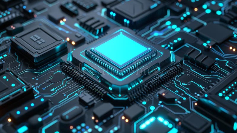 A High-tech Chip Surrounded by Glowing Blue Light and Metallic Textures ...