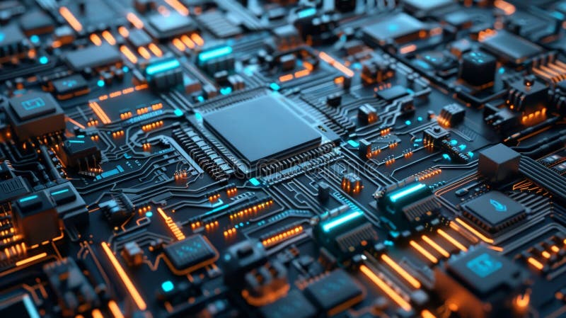 A High-tech Chip Surrounded by Glowing Blue Light and Metallic Textures ...