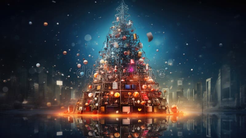 A High-tech Christmas Tree in a Digital Rainbow Perspective. Stock ...
