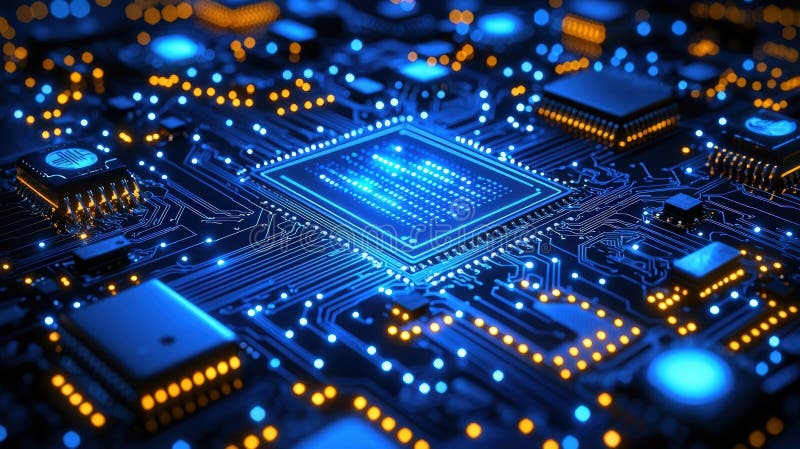 High-tech Circuit Board with Bright Blue and Yellow Lights and Complex ...