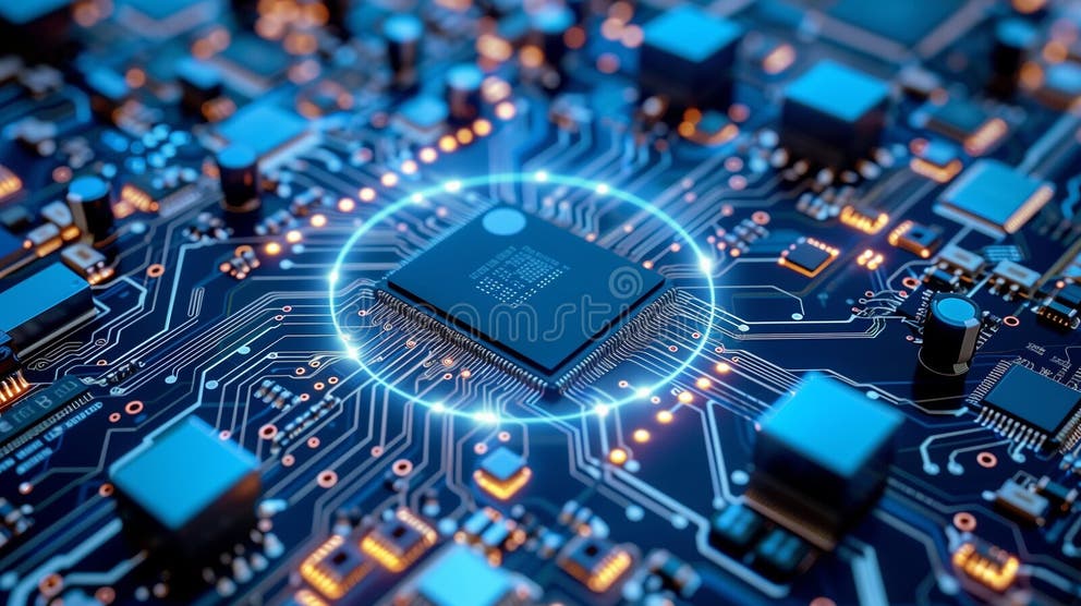 High Tech Circuit Board with Central Microchip and Glowing Elements ...