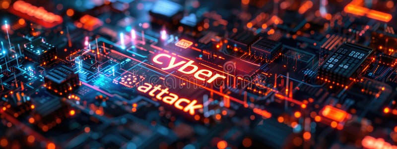 High-tech Circuit Board with "cyber Attack" Text Illuminated in Neon ...