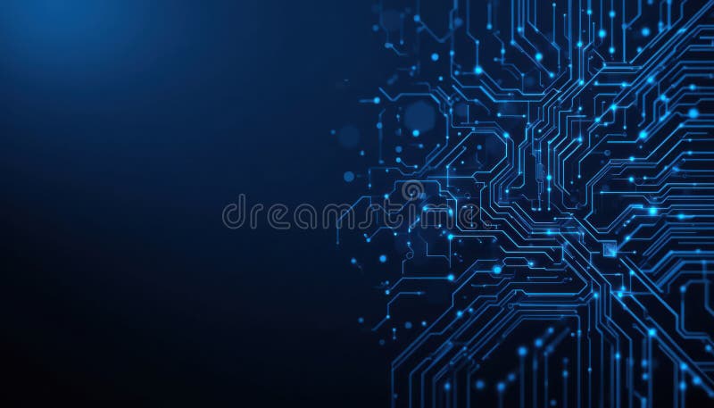 HighTech Circuit Board Design with Blue Neon Glow and Dark Background ...