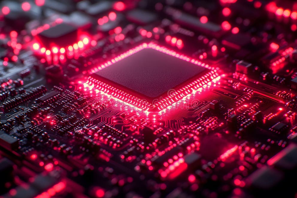 Futuristic Red Glowing Circuit Board with Central Microchip for ...