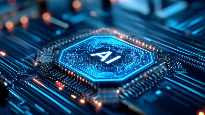 High-tech Circuit Board Featuring Illuminated AI Chip, Showcasing ...