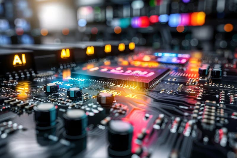 High Tech Circuit Board with Glowing AI Chips and Vibrant Lights Stock ...