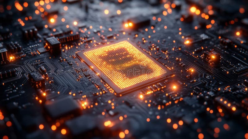 High-Tech Circuit Board with Glowing Lights and Data Flow Stock ...