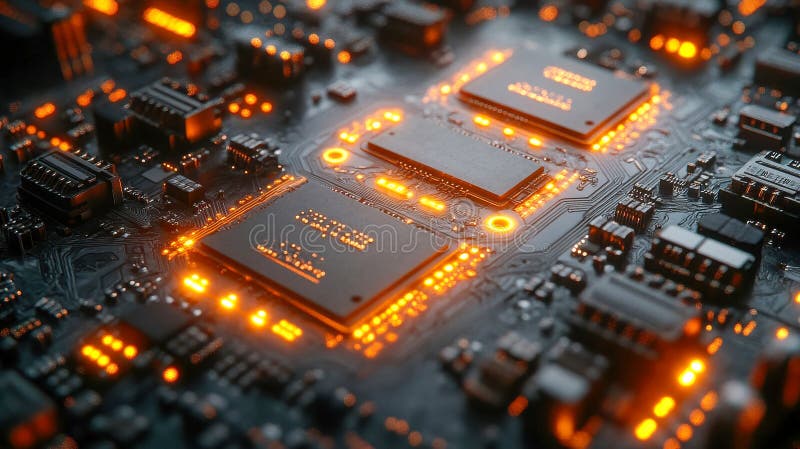 A High-tech Circuit Board with Intricate Designs and Orange LED Lights ...