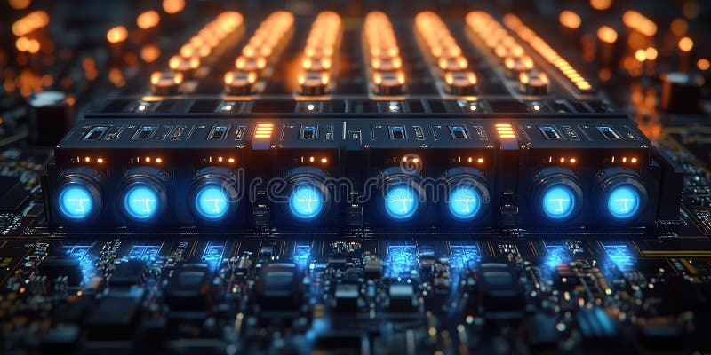 High-tech Circuitry with Glowing Blue Components and Bright Lights at a ...