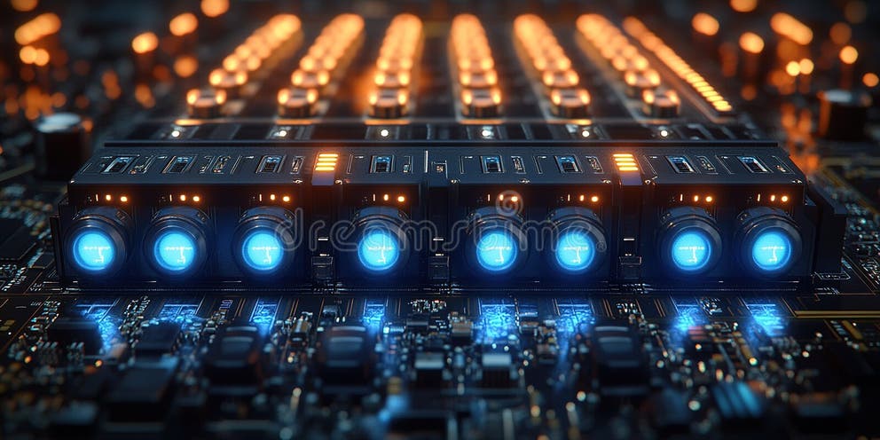 High-tech Circuitry with Glowing Blue Components and Bright Lights at a ...
