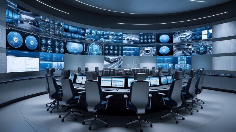 High-tech Control Room with Multiple Screens Displaying Data Analytics ...