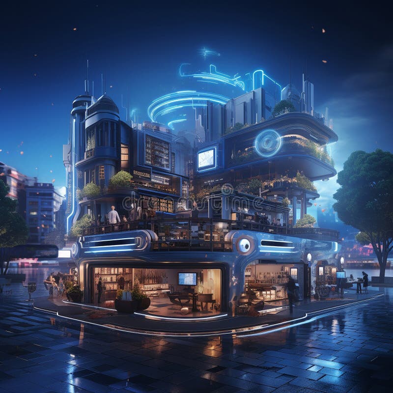 High Tech City of the Future in Blue Colors Stock Illustration ...