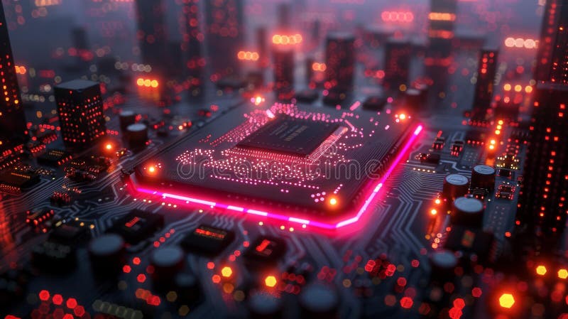 High-tech City with Glowing Chip - Generative Ai Stock Illustration ...